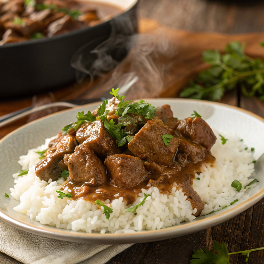 Beef Tips Over Rice – Southern Comfort Dinner - feastofsavory.com
